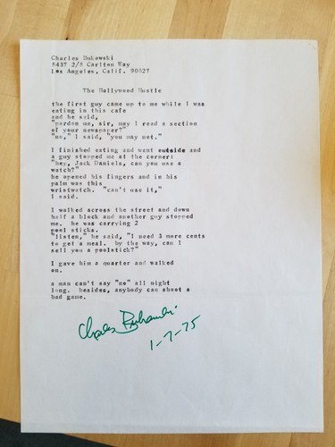 Bukowski poem manuscript—signed 1975 carbon from his manual typewriter ...