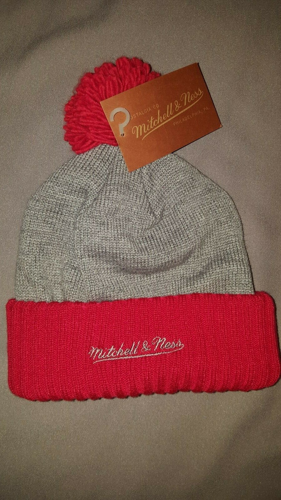 HOUSTON ROCKETS BASIC POM BEANIE ADULT HAT GREY RED NEW MENS MITCHELL ...