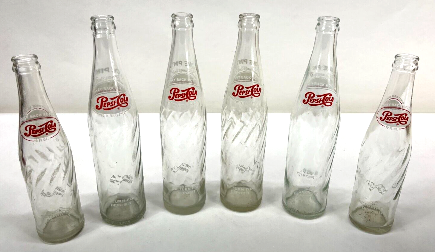 Lot of 6 Vintage Pepsi-Cola Swirl Texture Glass Bottle Pepsi 1960s 16 ...
