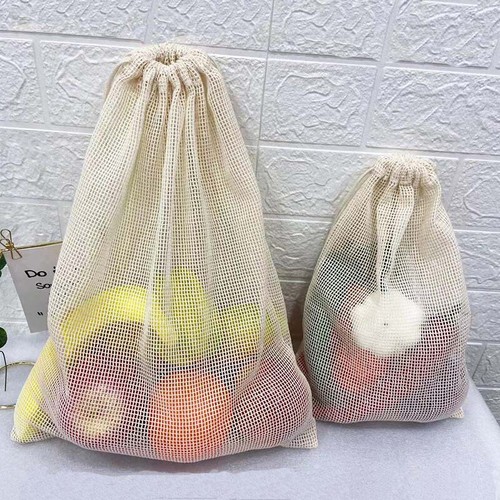 Cotton Mesh Vegetable Bags With Drawstring Drawstring Reusable Kitchen ...