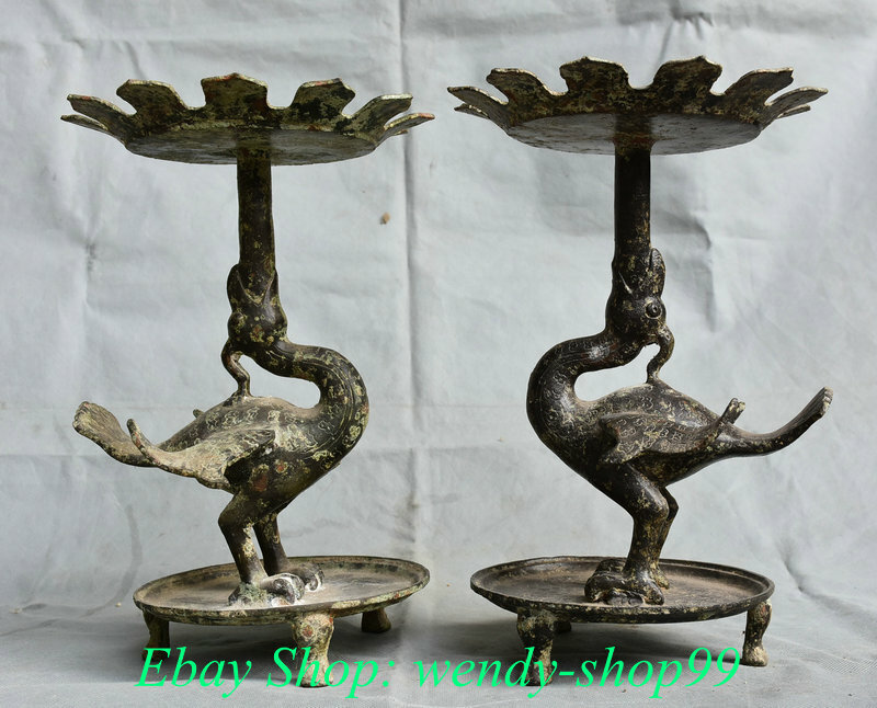 Old China Bronze Ware Gilt Dynasty Palace Crane Stand Base Candlestick ...