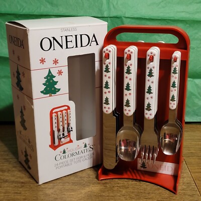 Oneida Christmas Tree Flatware On Storage Rack & In Box, Set Of 24 ...