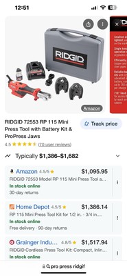 Ridgid 67178 Battery and Charger, Propress Jaws 1/2" - 2" Press Tool ...