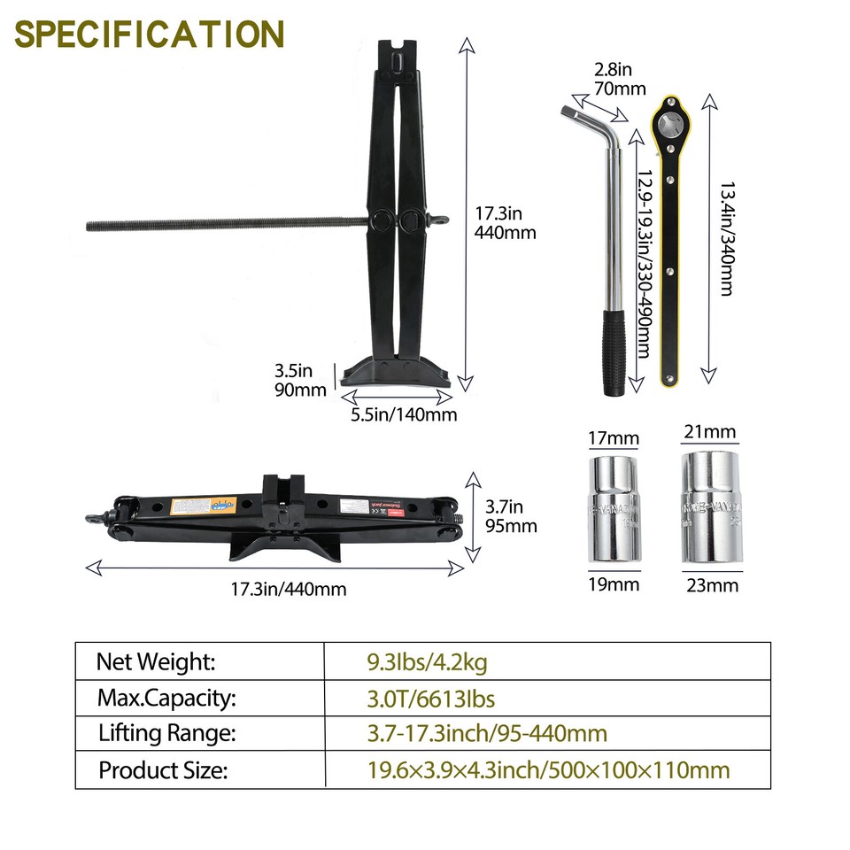 Heavy Duty Car Lift kit 3.0Ton Scissor Jack Extendable Wheel Wrench ...