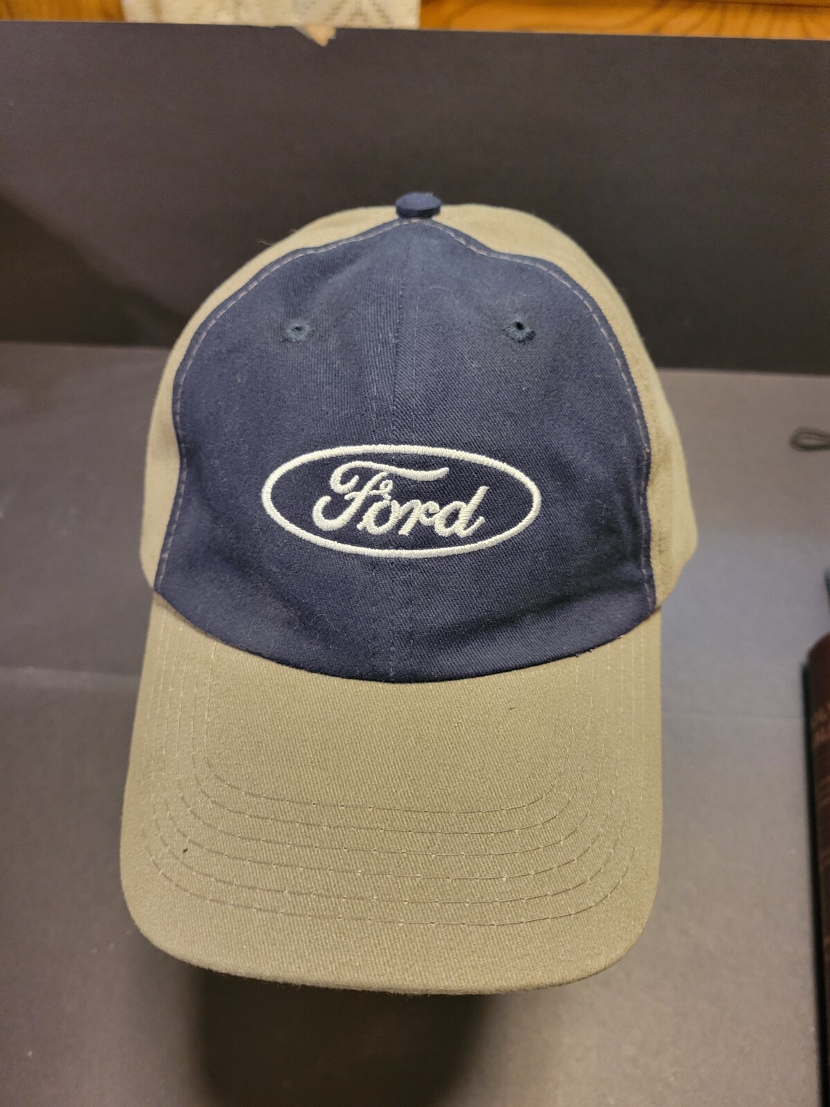 Ford Logo Hat Two Tone Embroidered Cap, Khaki/Navy - Gem