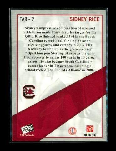 2007 PRESS PASS College Football Card TAR-9 SIDNEY RICE Gamecocks ...