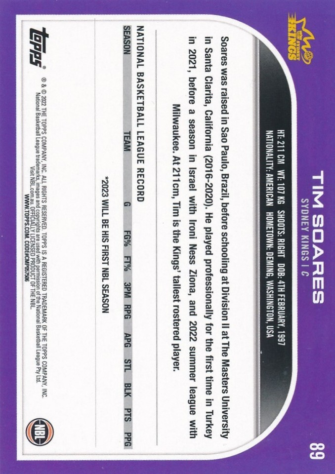 #89 TIM SOARES 2022-23 Topps NBL National Basketball League RC SYDNEY ...