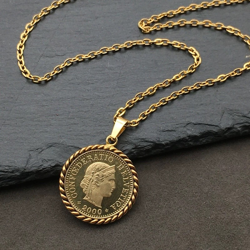 Retro Swiss Guardian Coin Pendant Vintage Gold Portrait Coin Necklace ...