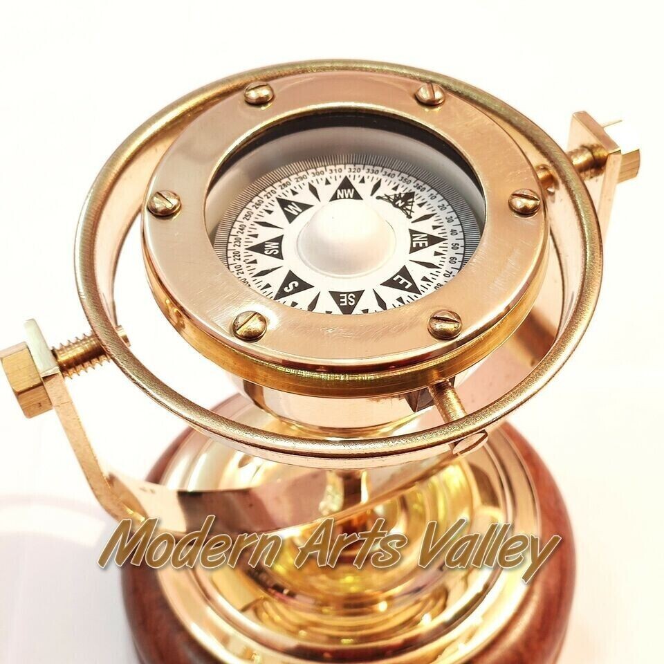 Nautical Brass Gimble Compass Wooden Base , Collectible Decorative Gift ...