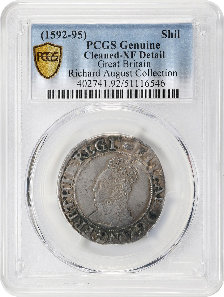 (1592-95) ENGLAND ELIZABETH I SHILLING LONDON MINT; MM: TUN PCGS XF ...