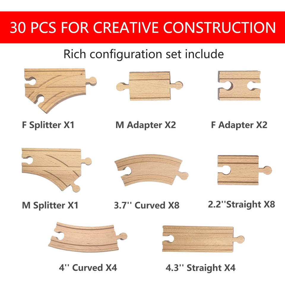 Wooden Train Track 30Pcs, Wood Train Tracks Expansion Accessories ...