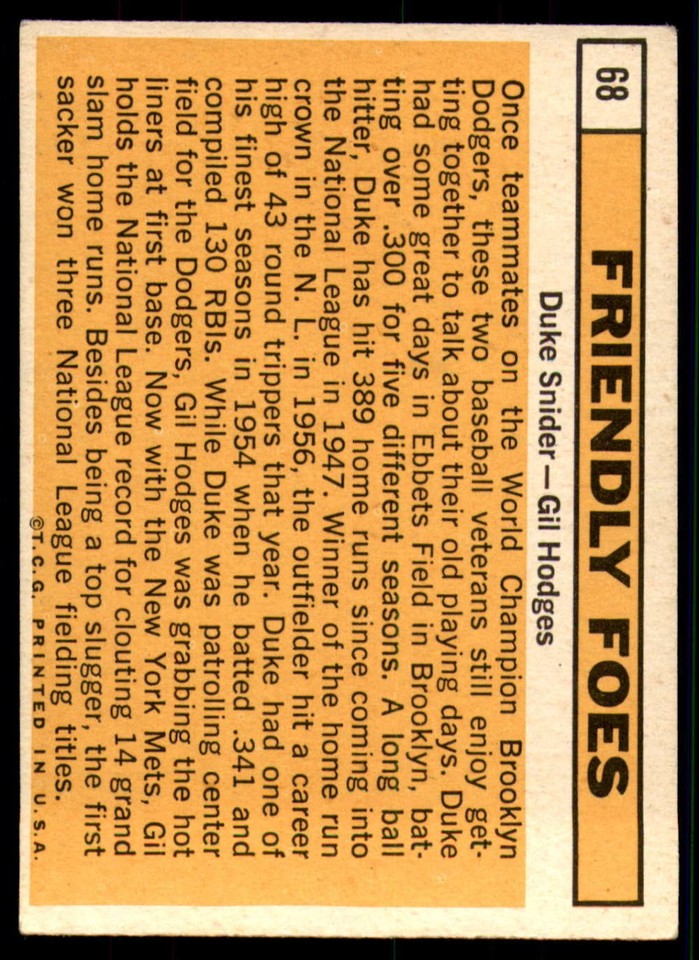 1963 Topps #68 Duke Snider/Gil Hodges Excellent+ Friendly Foes ID ...