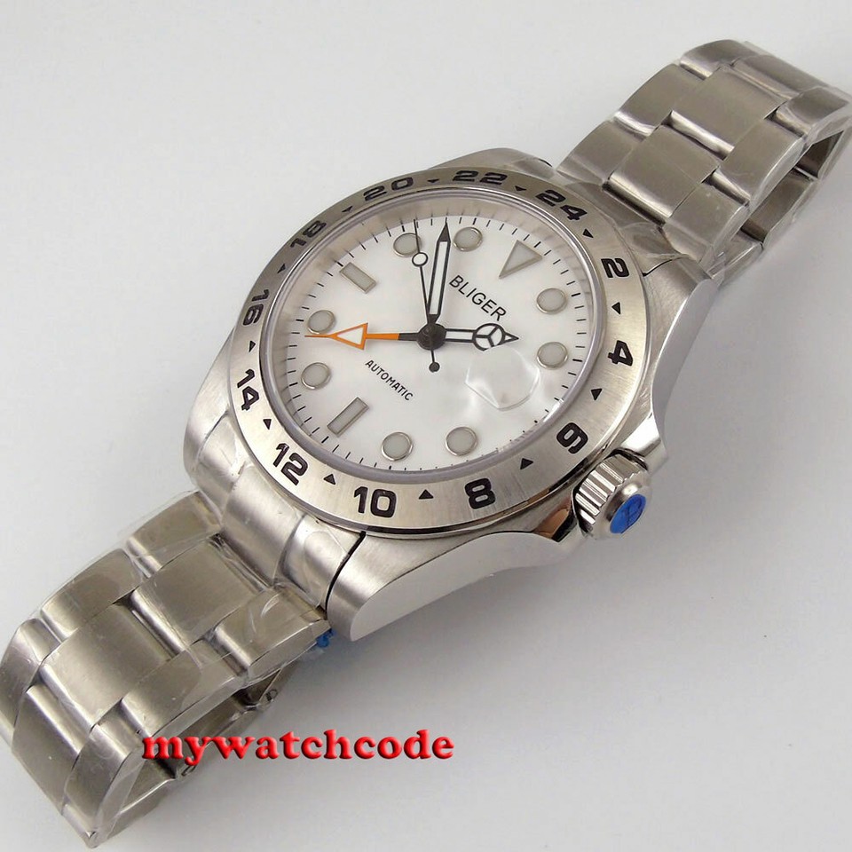 43mm bliger white dial sapphire glass GMT date automatic mens watch ...