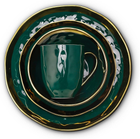 Porcelain 16 Piece Dinnerware Set, Service for 4, Green and Golden Rim ...