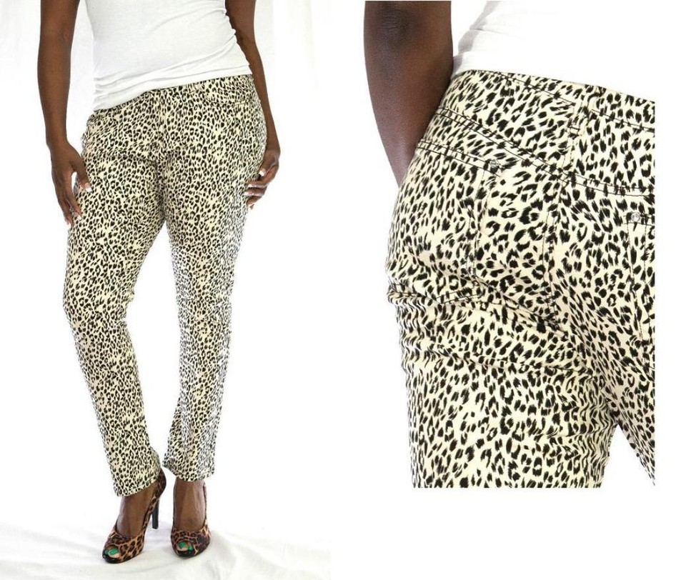 WOMENS PLUS SIZE Leopard CHEETAH PRINT STRETCH TWILL DENIM JEANS SKINNY ...