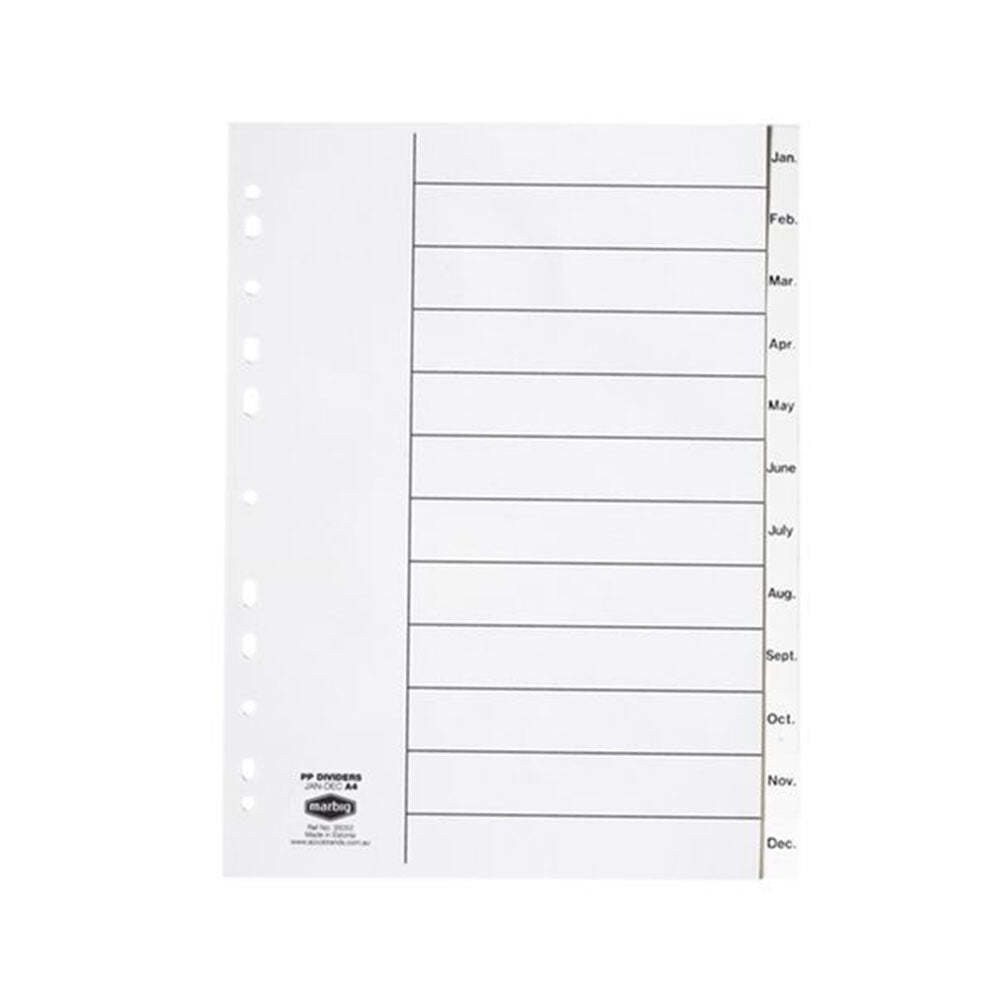 Marbig Jan-Dec Tab A4 Dividers Strong Polyrpropylene Wipe Clean Surface ...