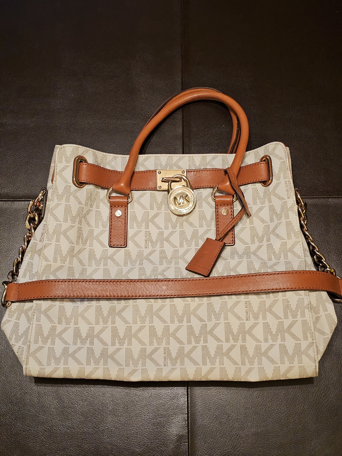 Michael Kors Hamilton Signature Vanilla Leather Tote … - Gem