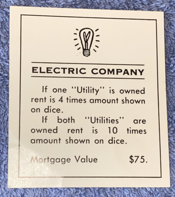 Vintage 1974 Monopoly Game Replacement Pieces Utility Card Electric ...