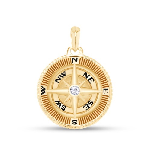 Round Cut Natural Diamond Compass Pendant 14K Solid Yellow Gold | eBay