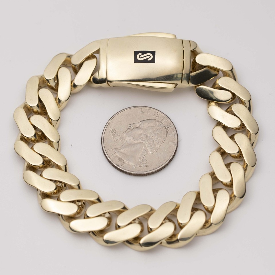 15mm Miami Cuban Royal Link Plain Box Clasp Bracelet Real 10K Yellow ...