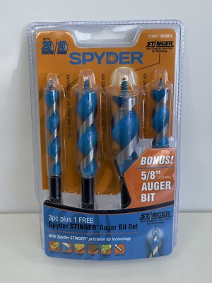 Spyder Stinger 4 PC Auger Drill Bit Set 1/2" + 5/8" + 3/4" + 1" Wood ...