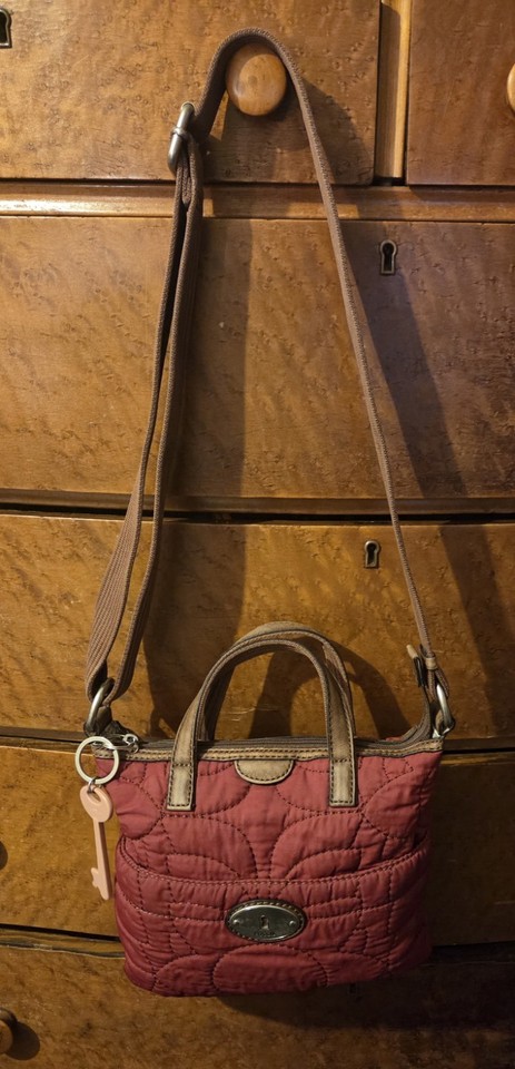 Fossil Key Per Fabric Quilted Crossbody Maroon Purse/Leather Handles | eBay