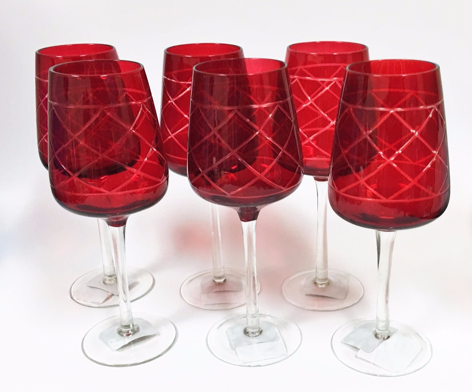 NEW SET OF 6 ALL PURPOSE RED+CLEAR CRYSTAL CUT GLASS WINE,GOBLET GLASS ...