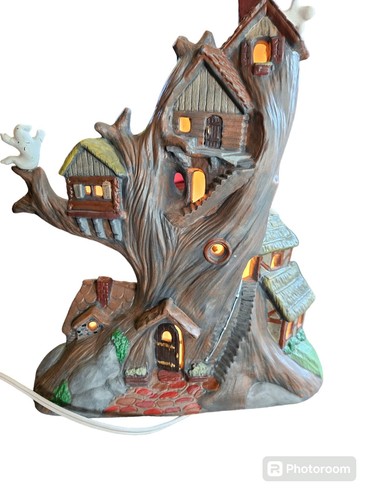 Vintage Handpainted Light Up Ceramic Halloween Haunted Tree House ...