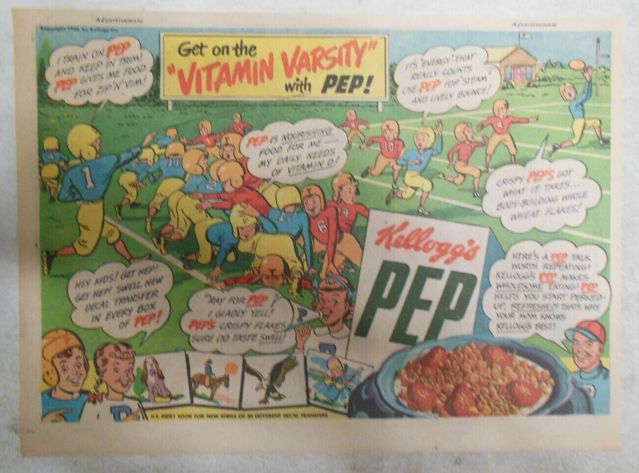 Kellogg's Pep Cereal Ad: Decal Transfer Premium ! From 1948 Size 7.5 x ...