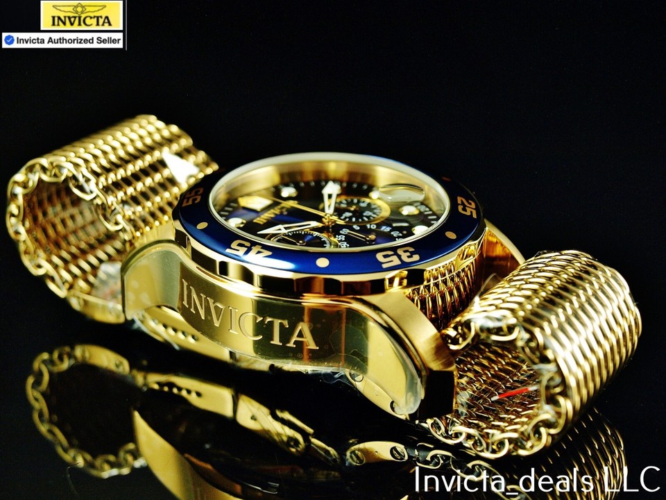 Invicta Men's 48mm Pro Diver SCUBA Chronograph BLUE DIAL Gold Tone MESH ...