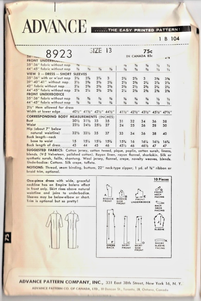 1950's Vintage ADVANCE Pattern 8923 DRESS Size 13 | eBay