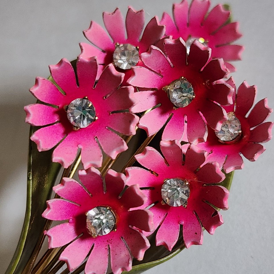 Vintage Goldtone Enamel Rhinestone Flower Daisy Bouquet Pin Brooch ...