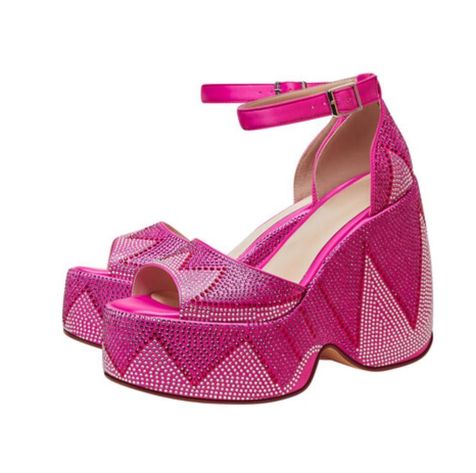 Women's Fashion Platform High Chunky Heel Shiny Rose Red Peep Toe ...
