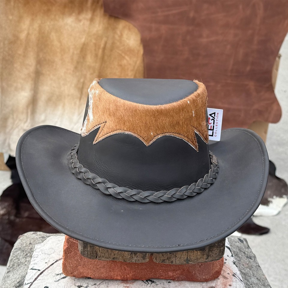 Premium Black Cowhide Cowboy Hat – Unisex Western Style with Braided ...