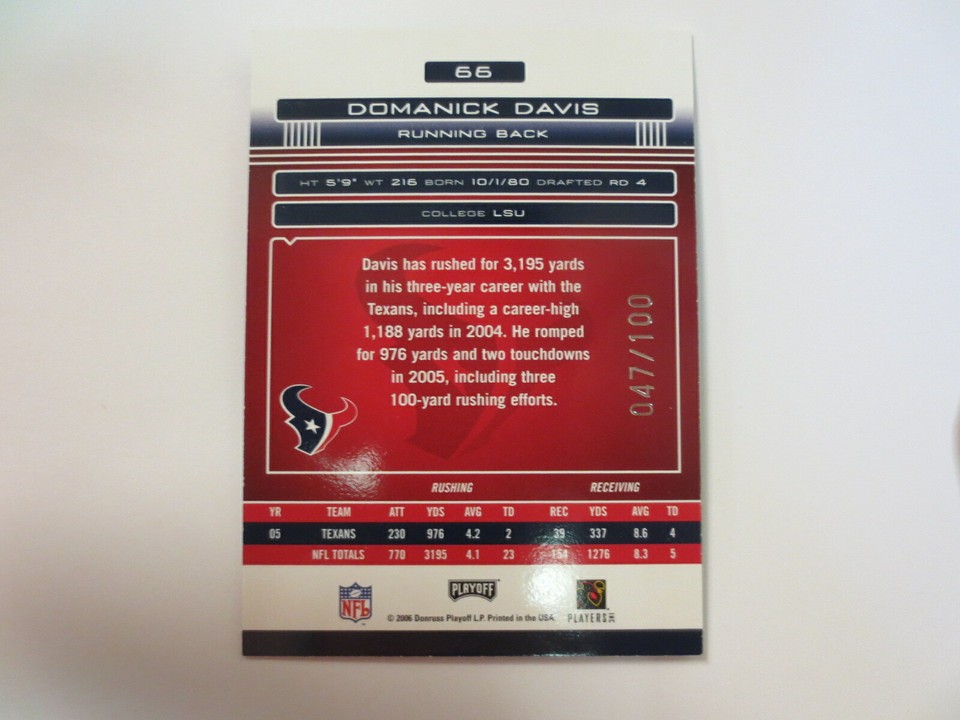 2006 Playoff Absolute Spectrum Domanick Davis Card #66 Serial #47/100 ...