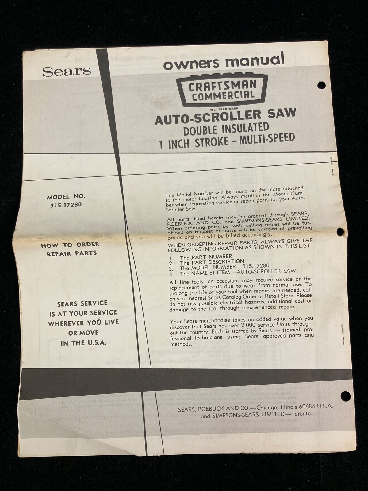1974 SEARS CRAFTSMAN AUTO SCROLLER SAW MODEL# 315.17280 OWNER'S MANUAL ...