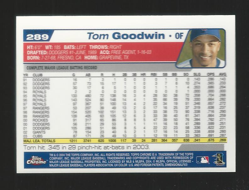 2004 Topps Chrome Tom Goodwin Cubs #289 Gold Refractor Rare Short Print ...