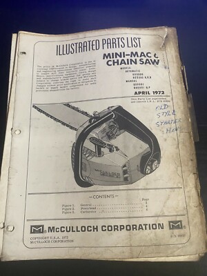 McCulloch illustrated parts list mini mac 6 chainsaw 1972 models ...