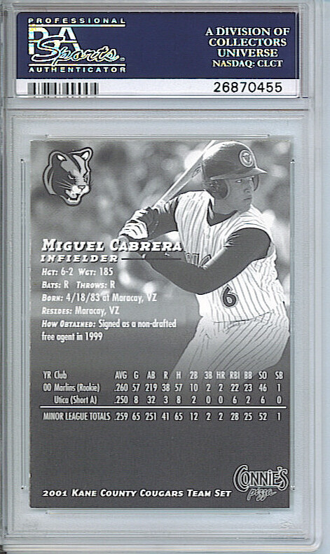 2001 KANE COUNTY COUGARS MIGUEL CABRERA PSA GEM MINT 10 CONNIE'S PIZZA ...