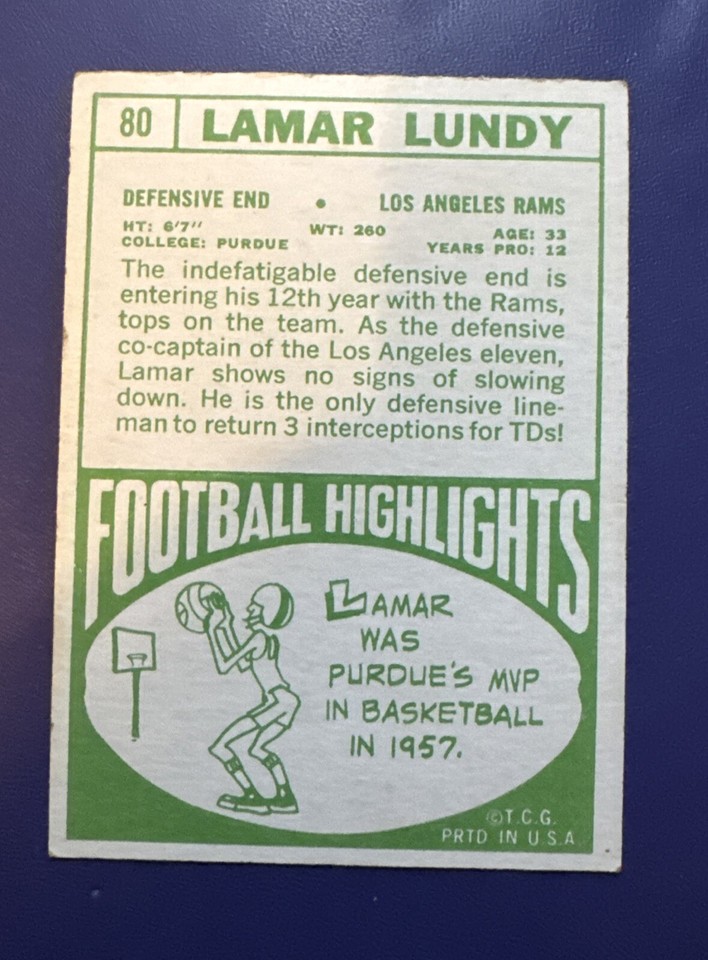 1968 TOPPS FOOTBALL #80 LAMAR LUNDY LOS ANGELES RAMS DE *FREE SHIPPING ...