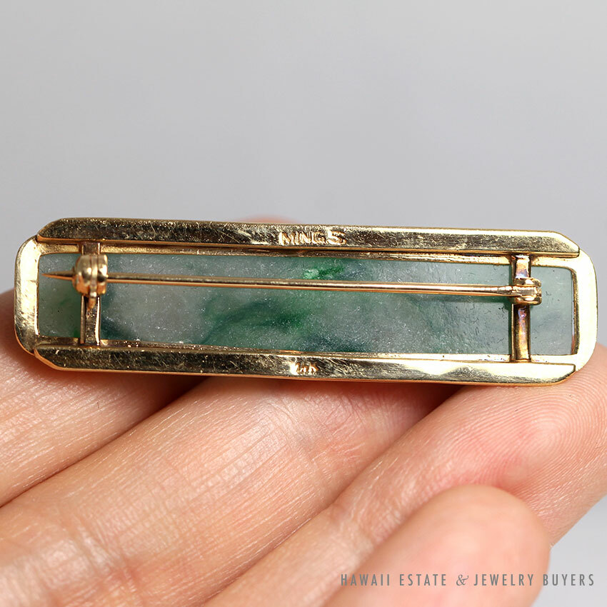 VINTAGE MING'S HAWAII GREEN JADE BAR 14K YELLOW GOLD BROOCH PIN SIGNED ...