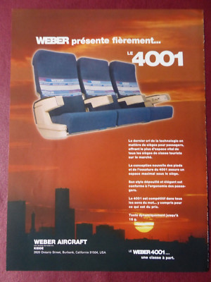 12/1985 PUB WEBER 4001 AIRCRAFT PASSENGER SEAT SIEGE AVION ORIGINAL ...