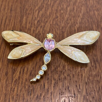 KJL Kenneth Jay Lane Brooch Dragonfly Peach Enamel Pink Clear ...