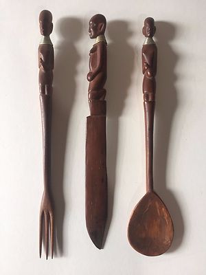 VINTAGE AFRICAN ZULU HAND CARVED WOOD SERVING UTENSILS - SET OF 3 | eBay UK