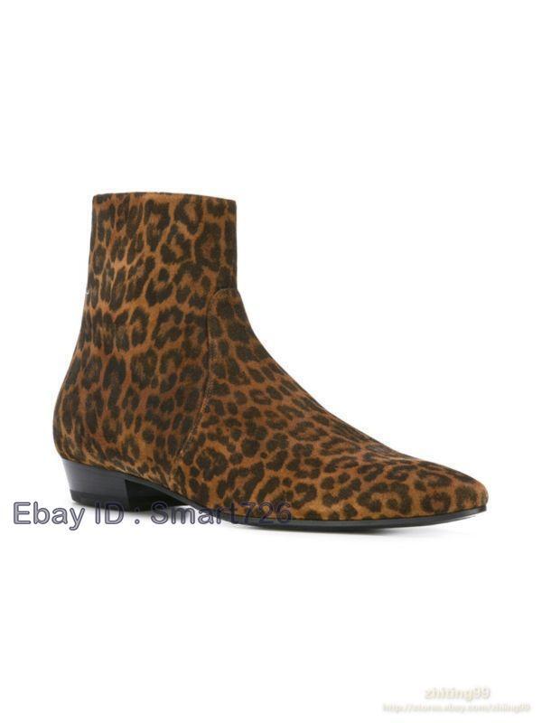 Occident Mens Leopard Block Heel Ankle Boot Chelsea Leather Real Suede ...