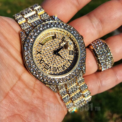 MEN HIP HOP ICED GOLD PLATED LUXURY BLING WATCH & FULL ICED PINKY RING ...