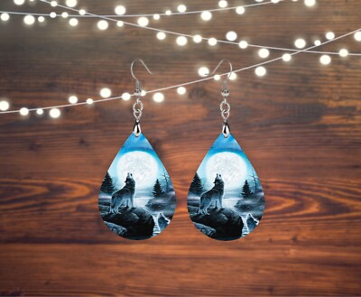 Wolf Moon Wood Tear Drop Printed Earrings Jewelry Western | eBay