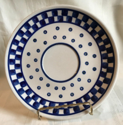 BOLESLAWIEC POLISH POTTERY HANDPAINTED BLUE CHECKERBOARD & DOT PATTERN ...