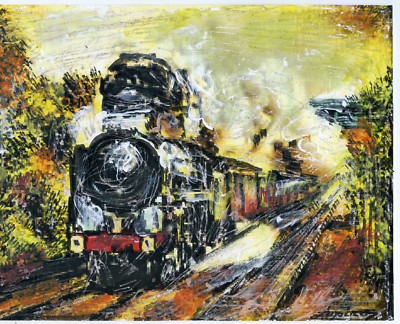 11" Pastel Railroad Steam Black Locomotive Train Station Abstract Art ...