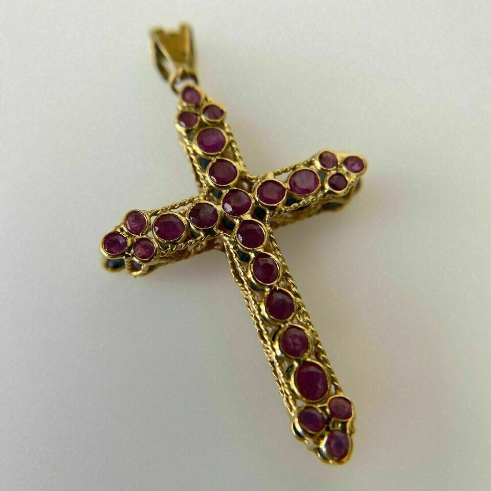 3Ct Round Cut Red Ruby Cross Vintage Pendant 14K Yellow Gold Plated ...
